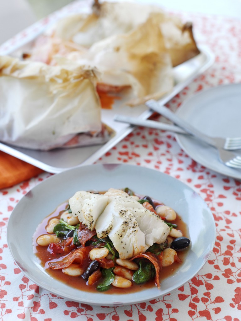 Baked Fish in a Bag with Tomatoes, Butter Beans & Chorizo - Rest Less