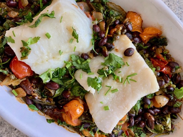 Cod Puttanesca with Spinach and other yummy things - Rest Less